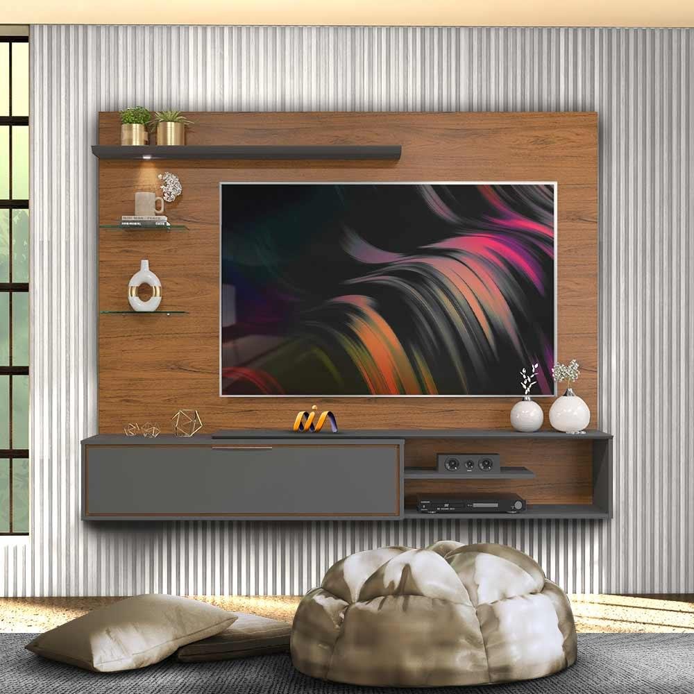 Painel Com 1 Porta Basculante Para TV Até 60 Polegadas Freijó Cinza ...