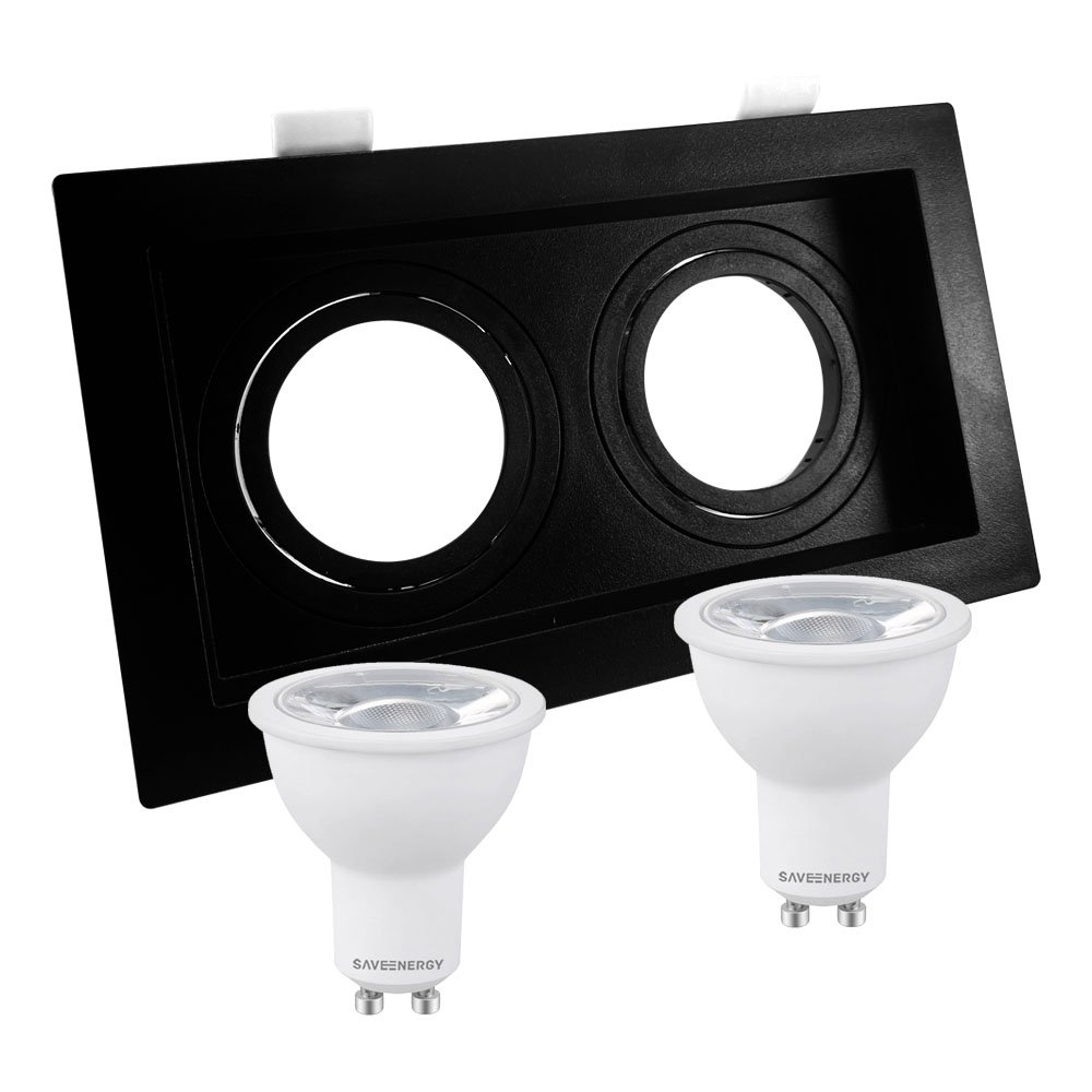Spot Duplo Embutir Quadrado Recuado Mr16 Preto + Led Save Energy 4,8w 6500k | MadeiraMadeira