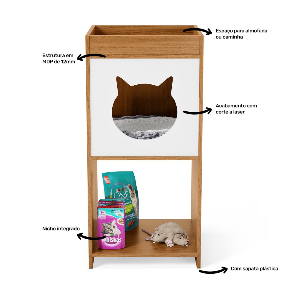 Mesa de Cabeceira Neko com Casinha para Gato e Nicho Integrado Freijó ...