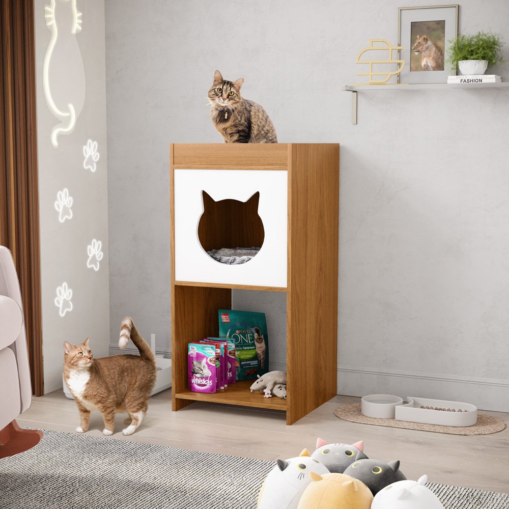 Mesa de Cabeceira Neko com Casinha para Gato e Nicho Integrado Freijó ...