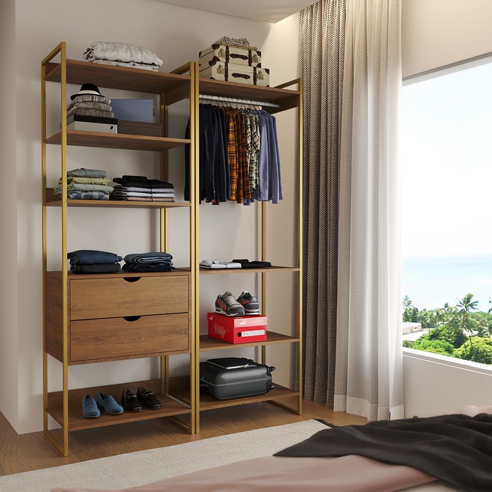 Closet Industrial Casal Loft 2 Módulos Amêndoa Cabideiro com Gavetas Base Dourada | MadeiraMadeira