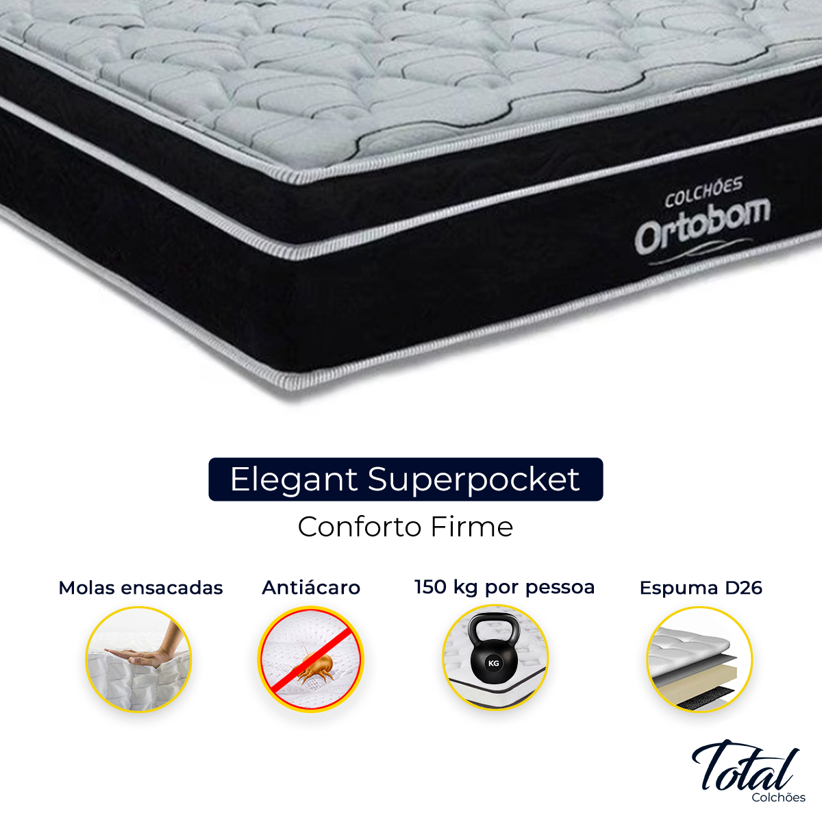 Cama Box Baú Casal Preto e Colchão Elegant Superpocket Molas Ensacadas Ortobom | MadeiraMadeira