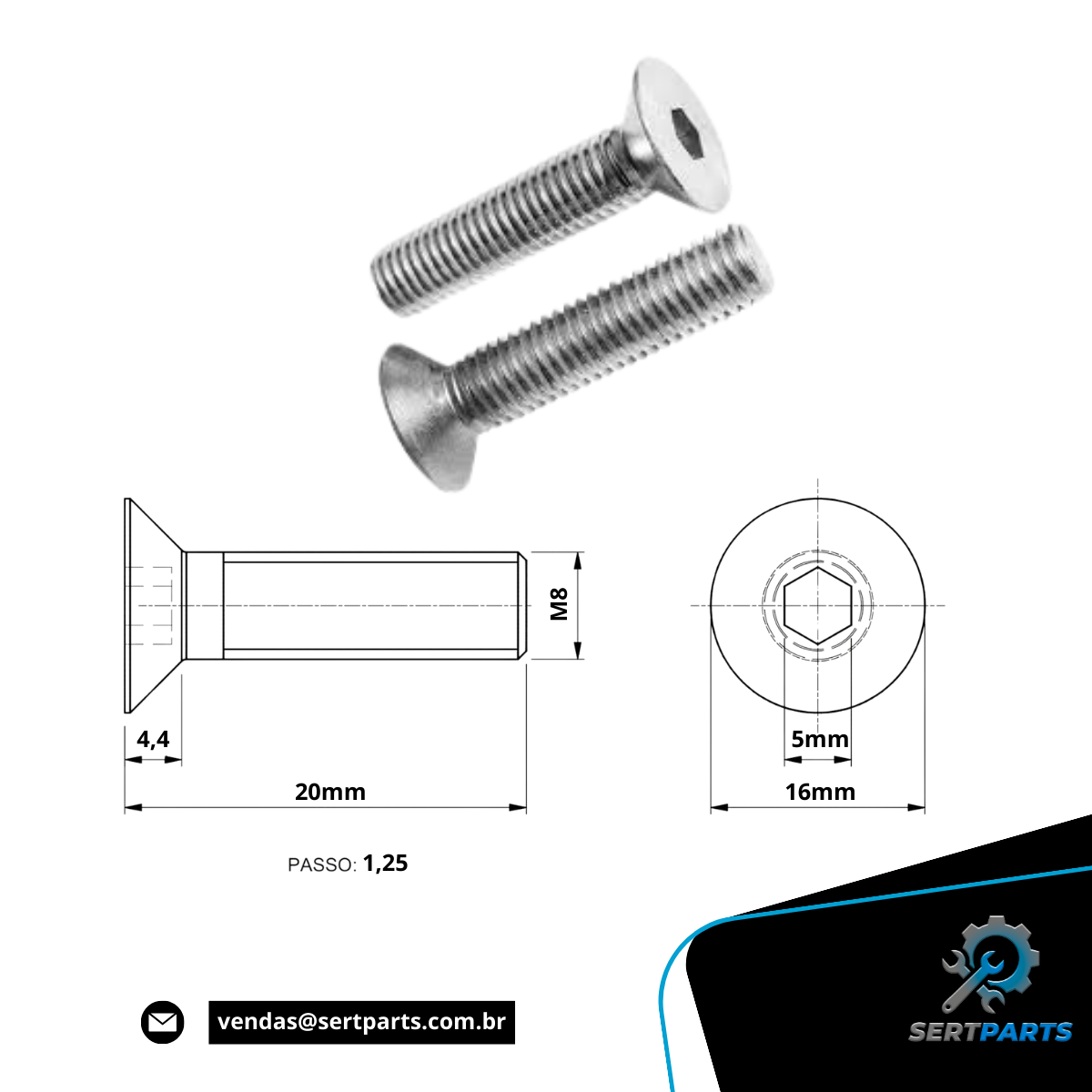 Parafuso Allen Cabeça Chata Inox 304 - M8-1,25 X 20 | MadeiraMadeira