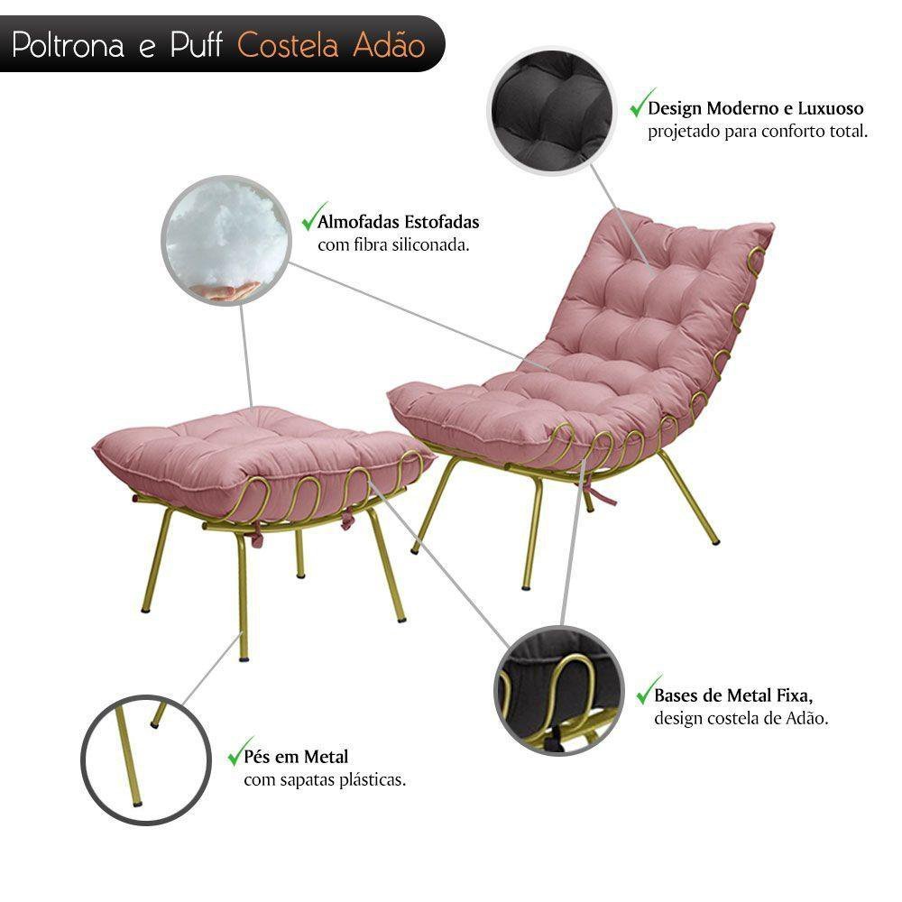 Kit 1 Poltrona Com 1 Puff Base De Ferro Suede Rosa Rose | MadeiraMadeira