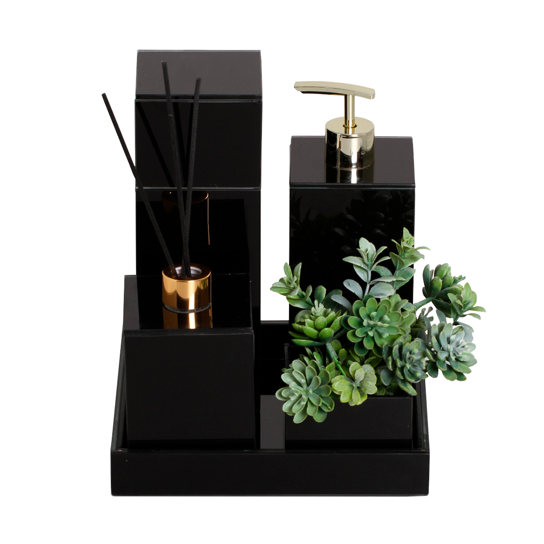 KIT LAVABO BANHEIRO LUXO VIDRO 5 PEÇAS: PRETO DOURADO | MadeiraMadeira