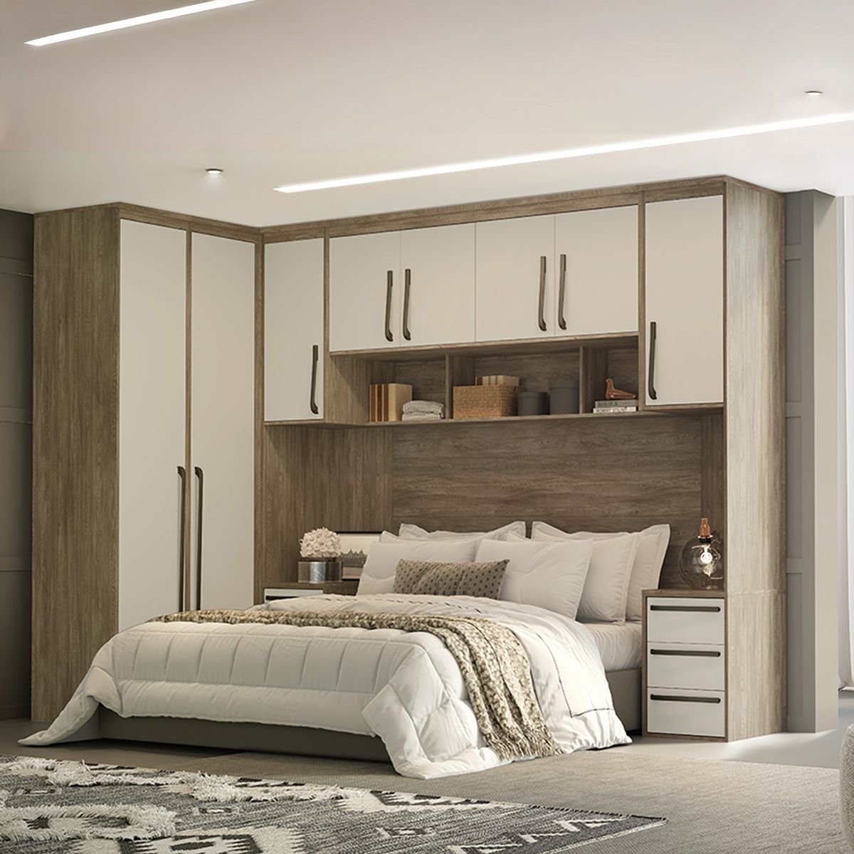 Quarto Modulado Casal Cama Queen Mdf Lotus Belmax:carvalho/off White ...