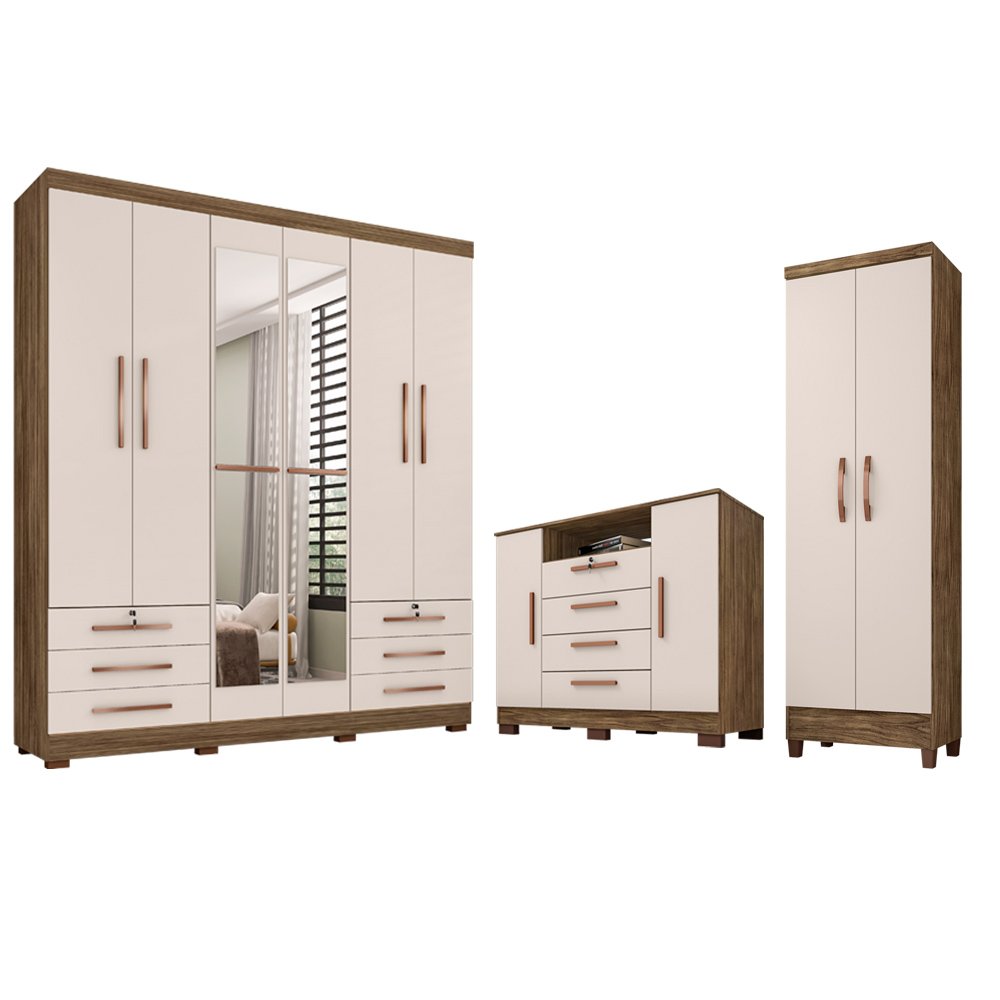 Guarda Roupa De Casal Marselha Com Espelho e Cômoda Turim E Multiuso Cairo Teka Champanhe Clique ...