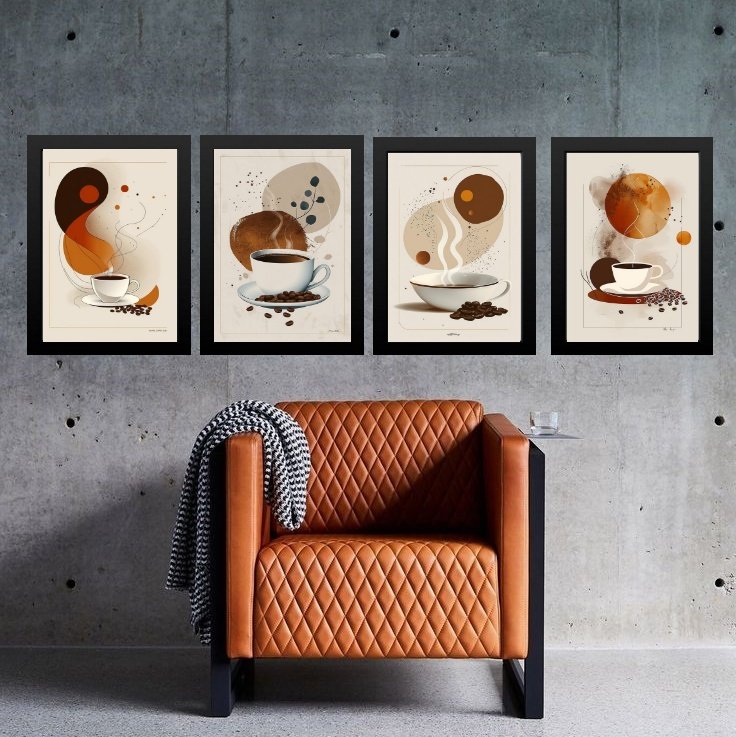 Kit 4 Quadros Artes Café Abstratas 33x24cm:moldura Preta | MadeiraMadeira