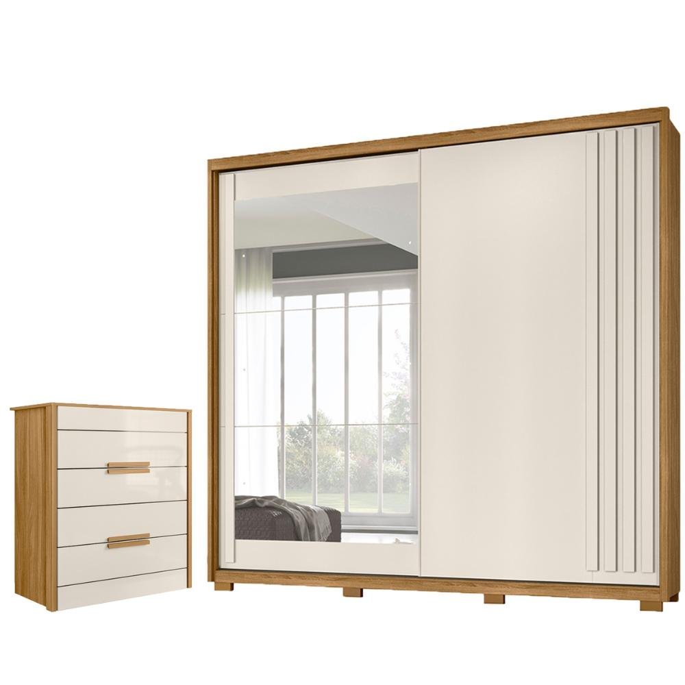 Kit Guarda Roupa Casal e Cômoda Dhara - Freijó / Off White | MadeiraMadeira