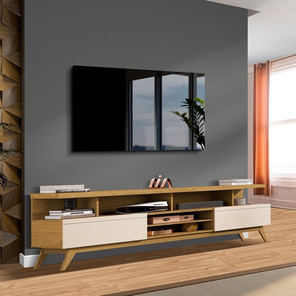Rack Bancada Para Tv Até 70 Polegadas Pés Em Madeira 180cm Cumaru Off White Lennox Shop Jm ...
