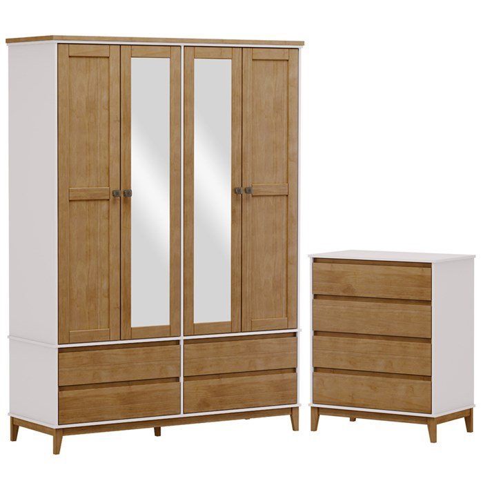 Guarda Roupa 4 Portas Com Espelho E Comoda MDF/Madeira Maciça Prata Off ...