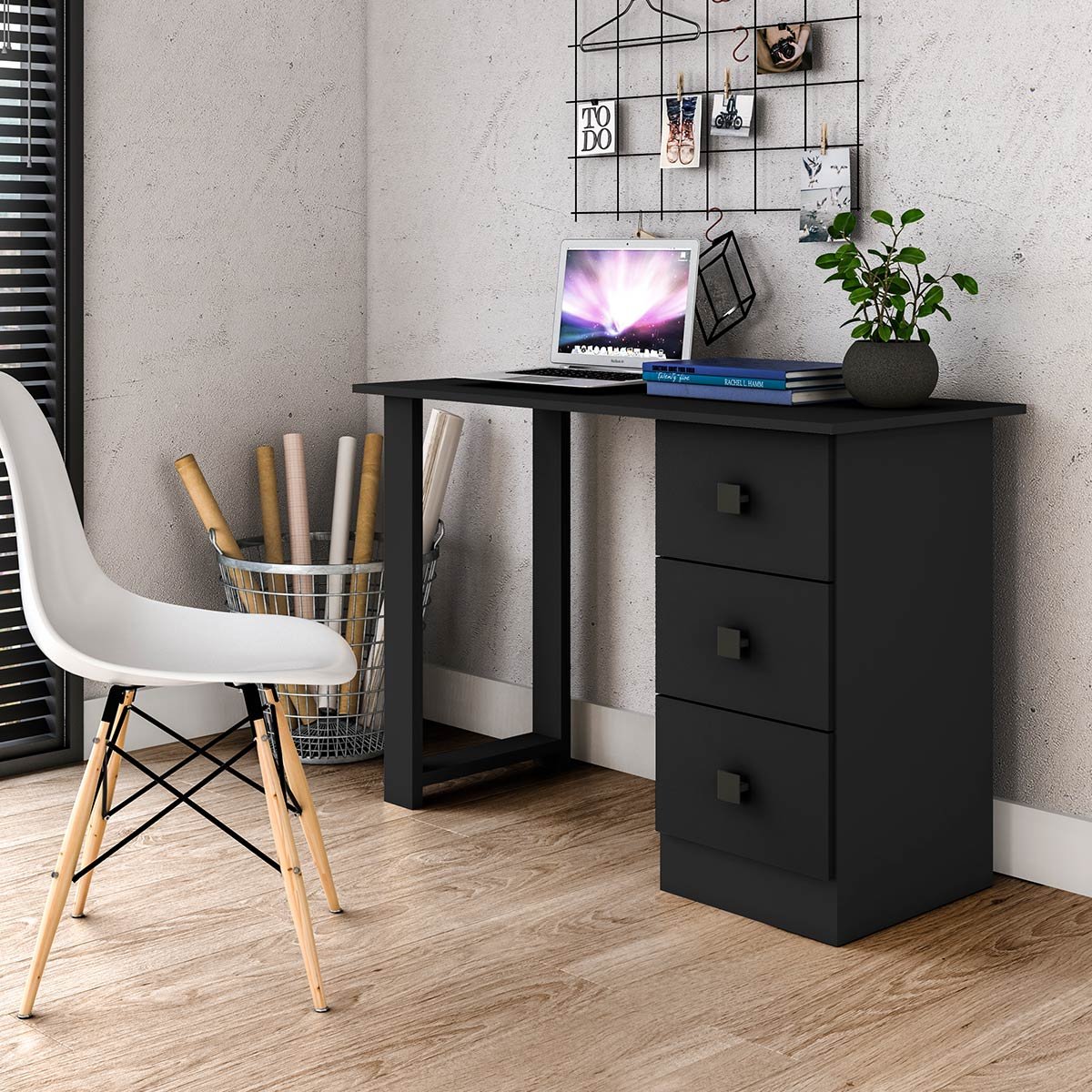 Mesa para Home Office 110 x 77 x 50 Cm 3 Gavetas MDP Preto - ClickLar ...