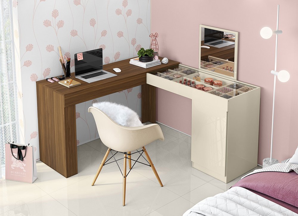 Escrivaninha em L com Penteadeira Star Freijo Off White - Mobler ...