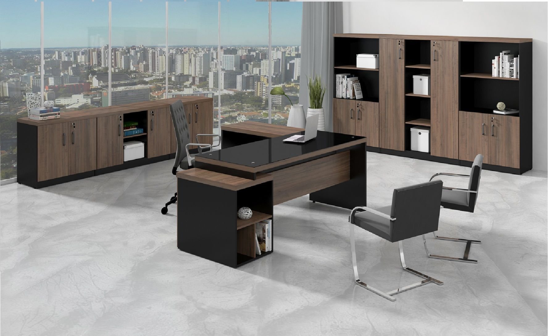 Mesa Diretor Web40 C/ Vidro 1,72m + Gaveteiro Preto / Ameixa | MadeiraMadeira