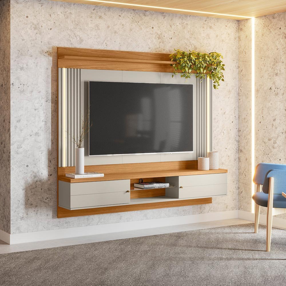Painel Suspenso Home 217cm Lokahi com LED para TV até 75 Nature/Off White G77 - Gran Belo ...