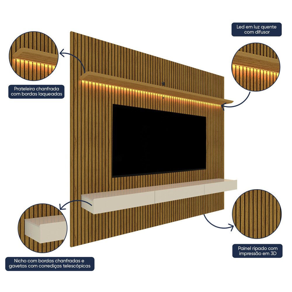 Home para TV Impressão Ripado com LED Requinte 220 Naturale Off White ...