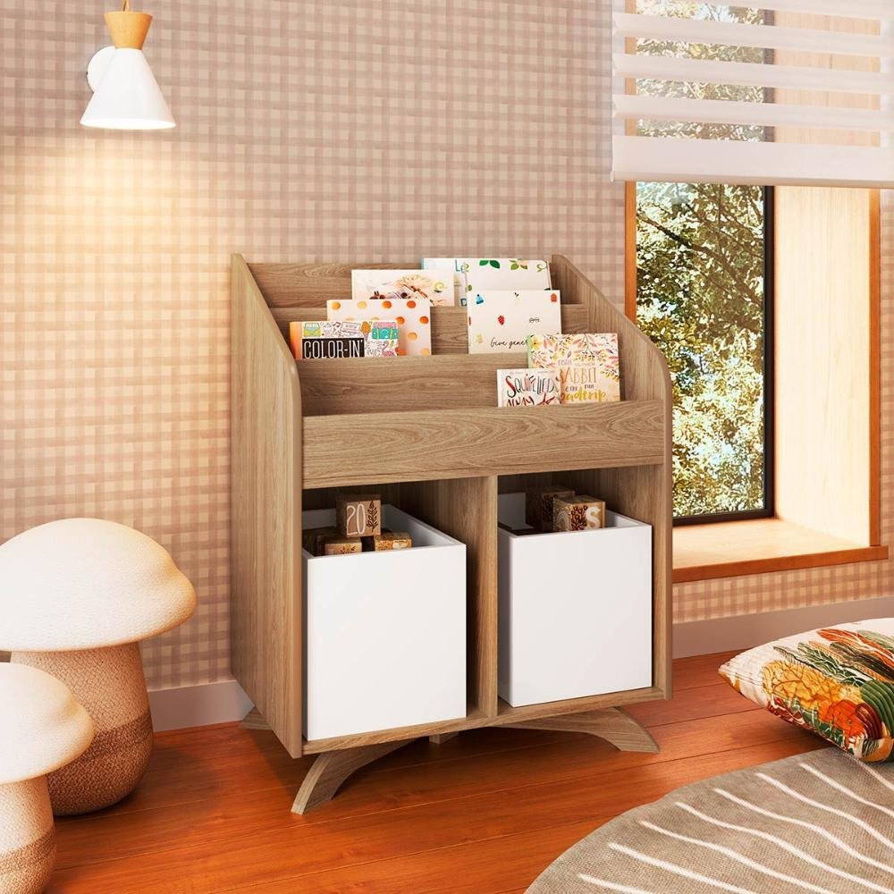 Estante Para Livros e Brinquedos Com Nichos e 2 Cubos 71 cm Cor:Branco ...