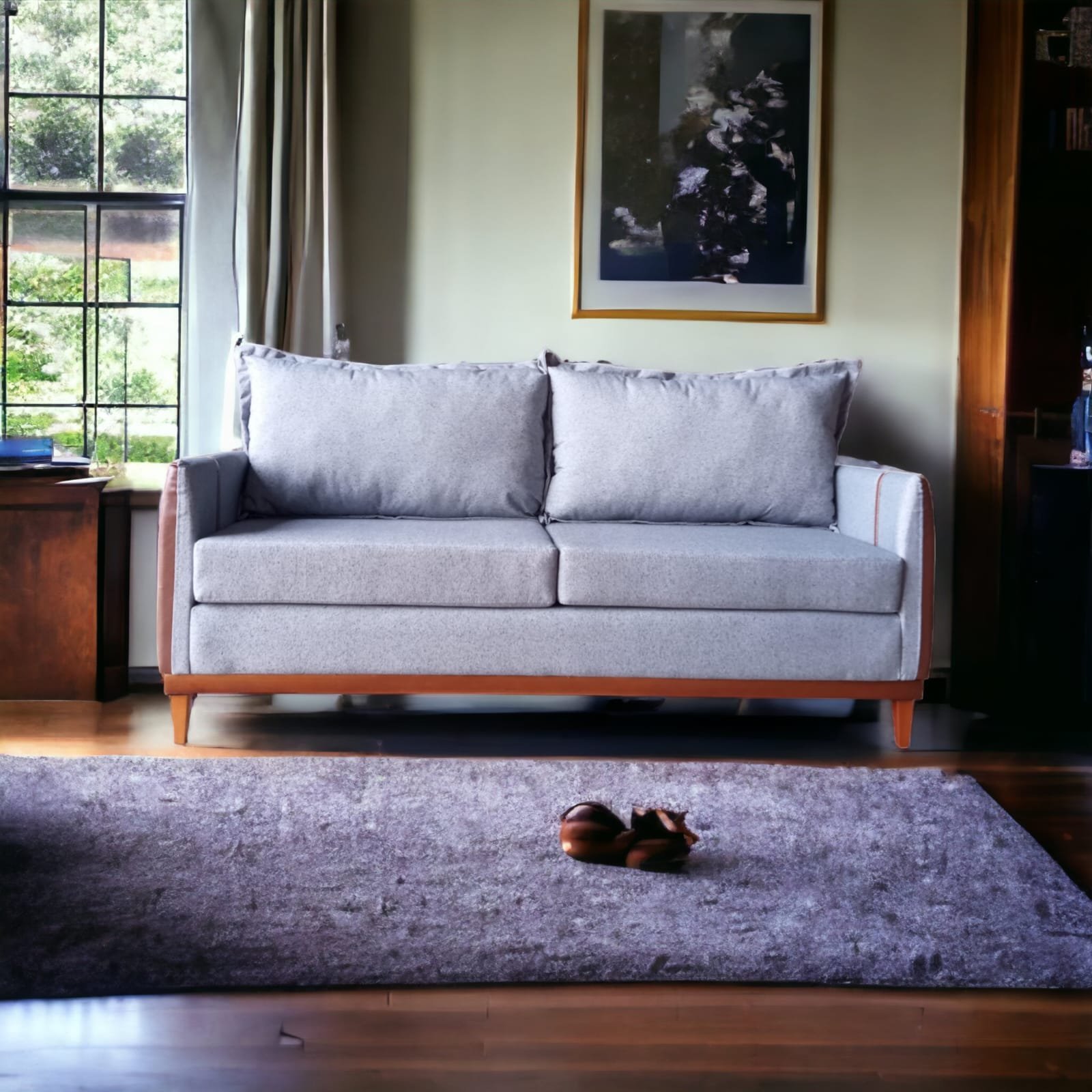 Sofá Évora Slim LIving 3 Lugares Linho Cinza M01 e Couro Sintético ...