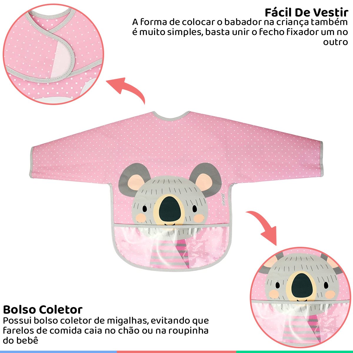 Babador Impermeável Para Bebê Com Bolso Coletor Infantil Manga Longa ...