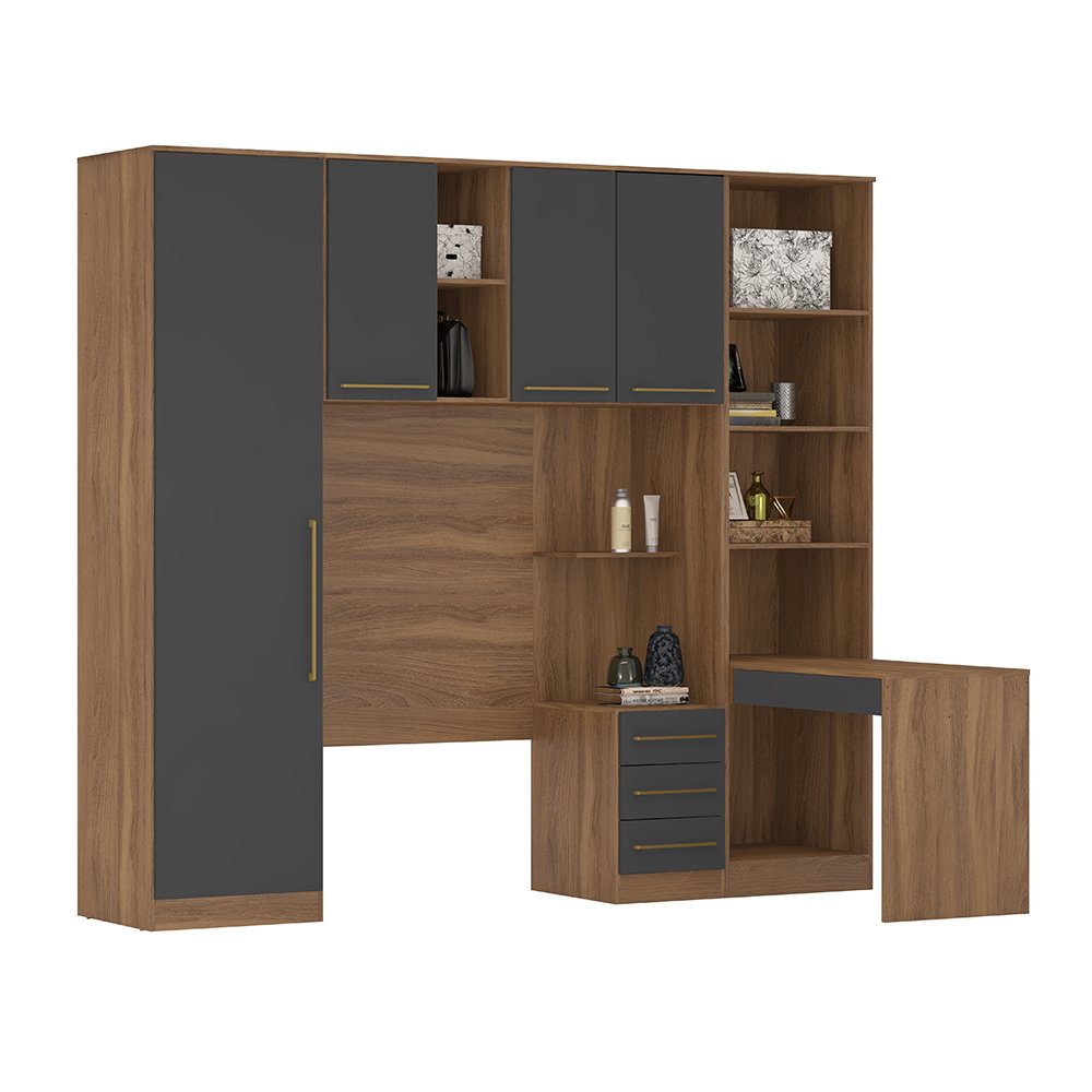 Quarto de Solteiro Modulado 5 Peças com Armário Aéreo + Escrivaninha ...