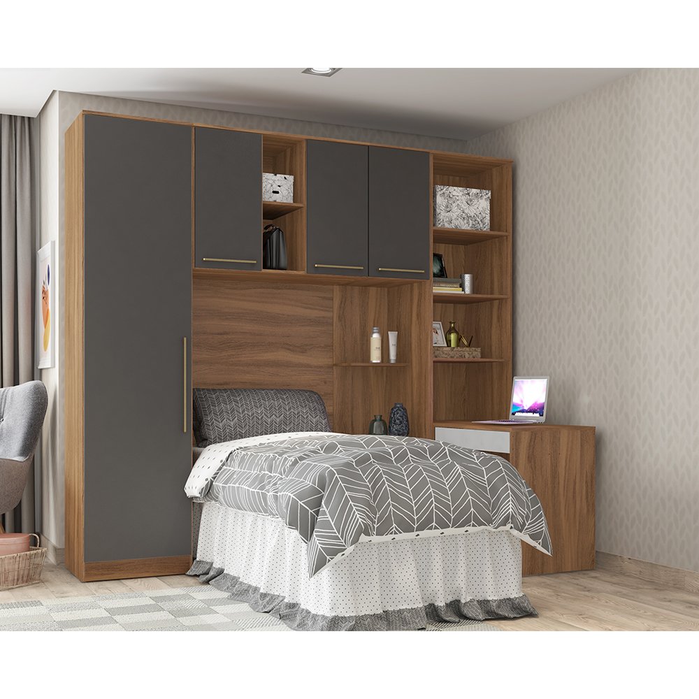Quarto de Solteiro Modulado 5 Peças com Armário Aéreo + Escrivaninha ...