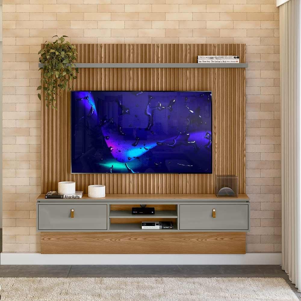 Painel Para TV 75 Polegadas Ripado com LED Authentique Amendoa Titanio Linea Brasil | MadeiraMadeira
