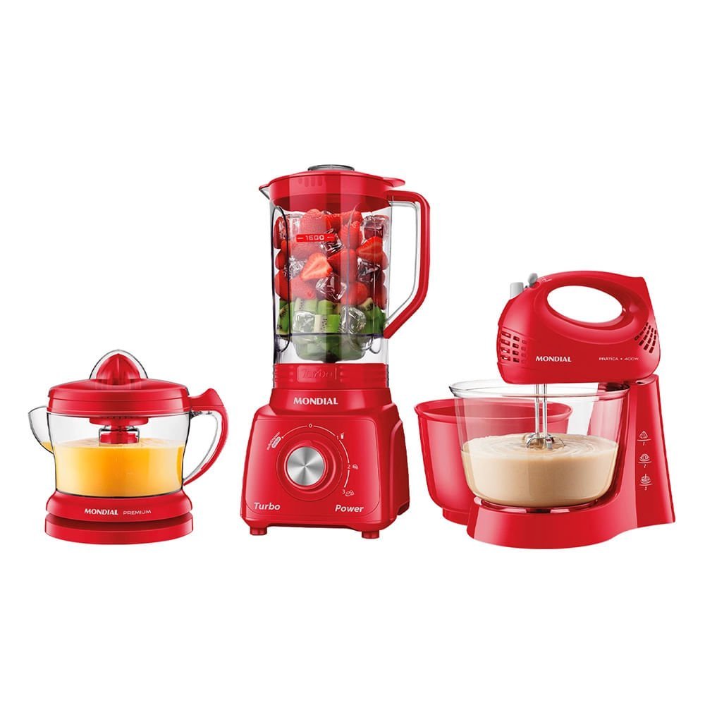 Kit Especial Mondial Batedeira + Extrator + Liquidificador KT-202-R Vermelho - 127V | MadeiraMadeira
