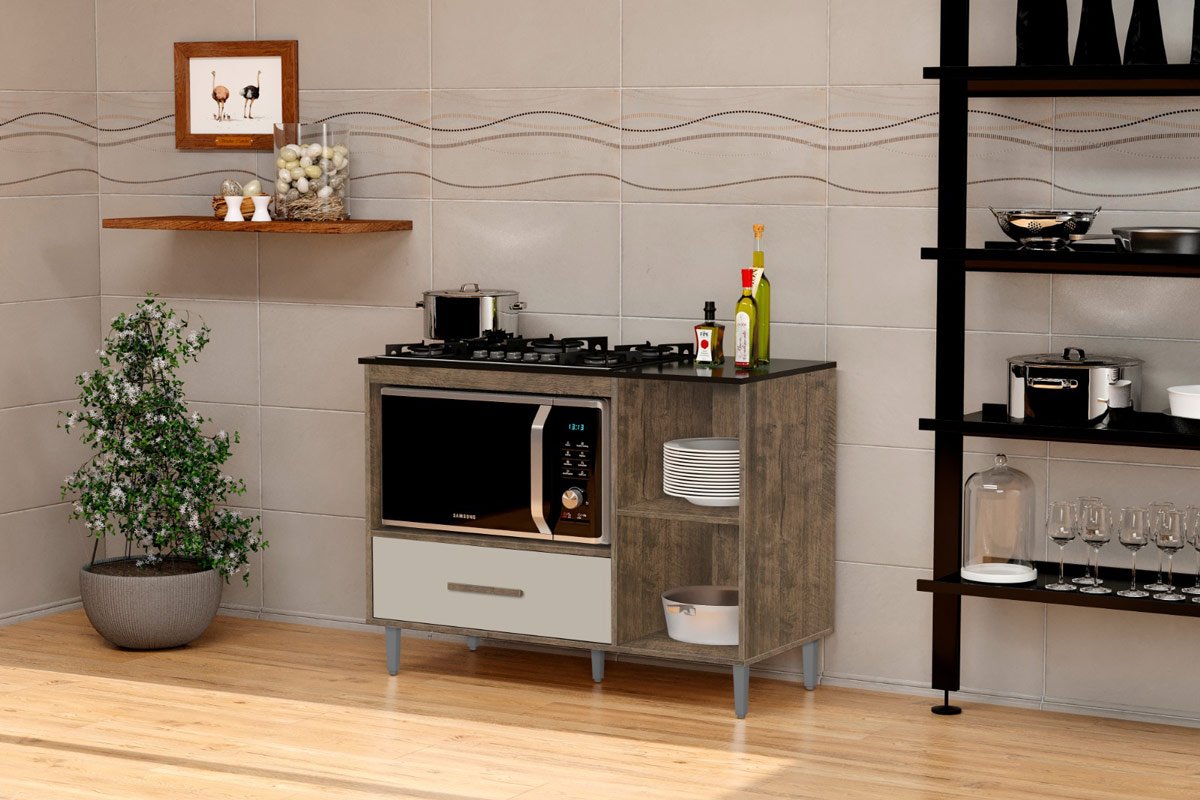 Balcão de Cozinha Cooktop Nicho Microondas Cordoba Branco Preto ...