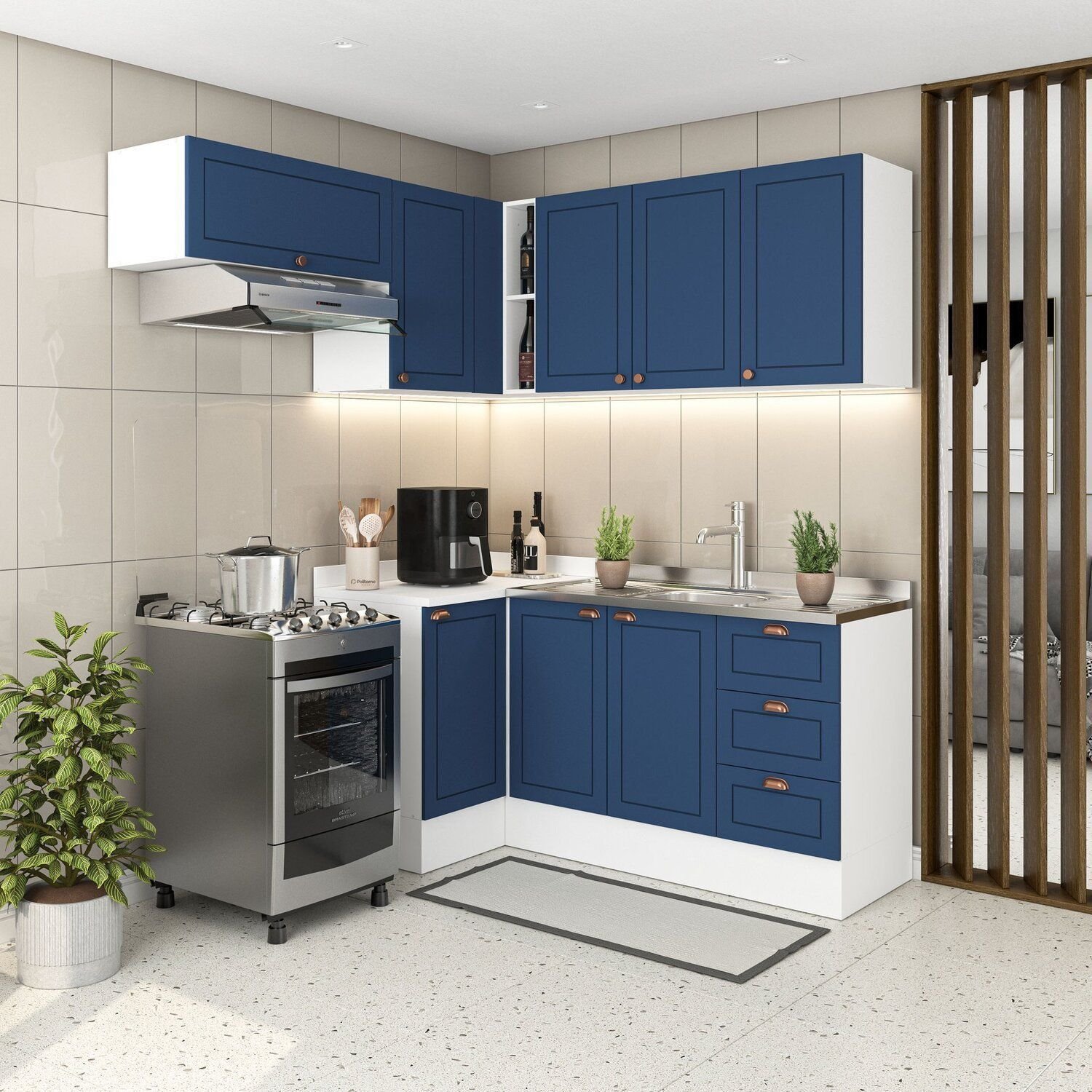 Cozinha 5 Peças com Rodapé Pérola Yescasa Azul/Branco | MadeiraMadeira