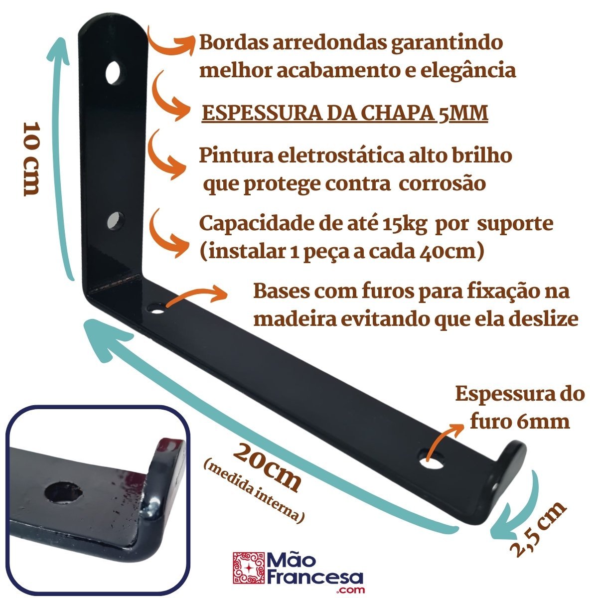 Mão Francesa Invertida 20cm 5mm 6 Peças Reforçada Industrial ...