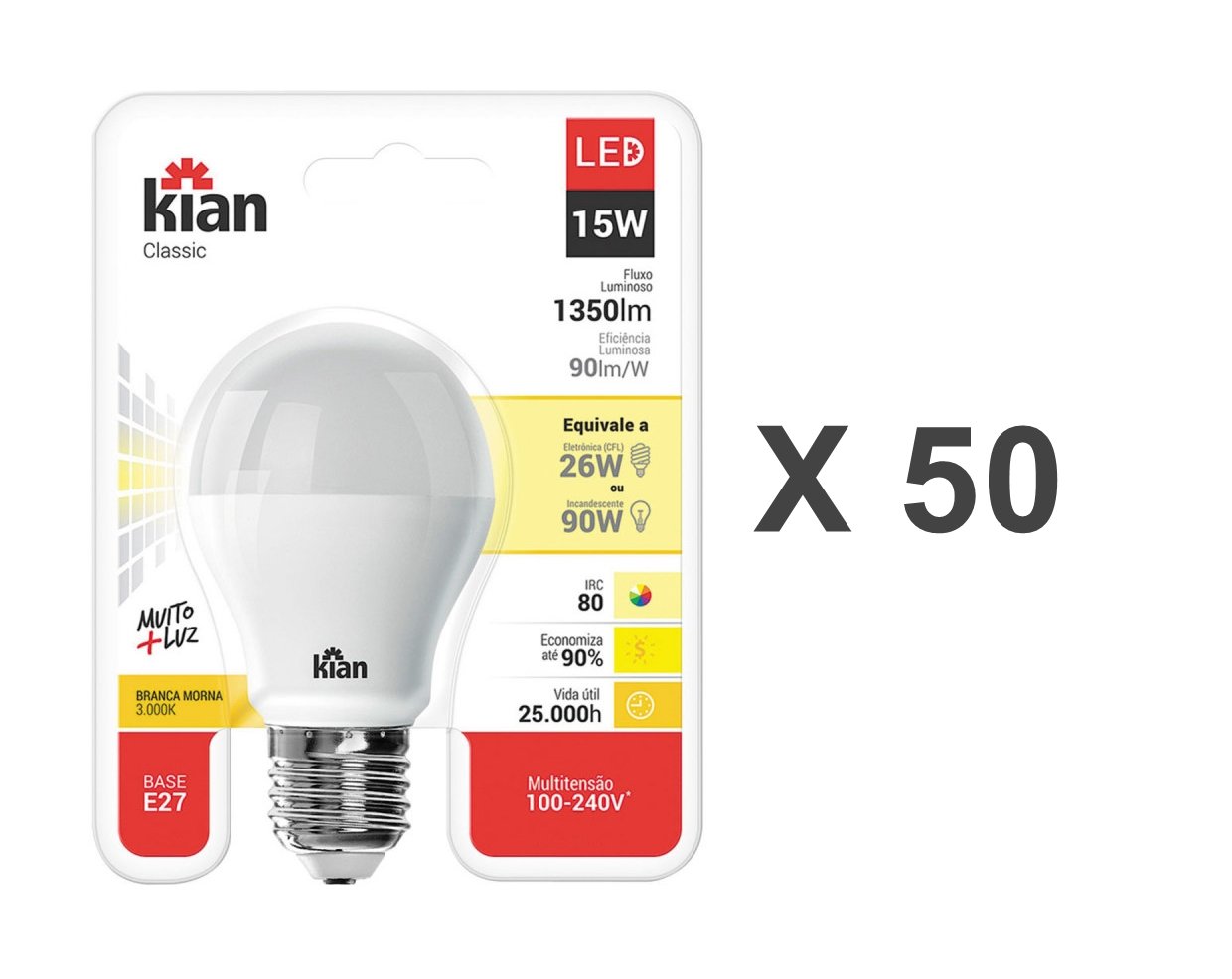 Kit 50 Lâmpadas Bulb Led 15w 3000K Amarela Bivolt Kian 10061 ...