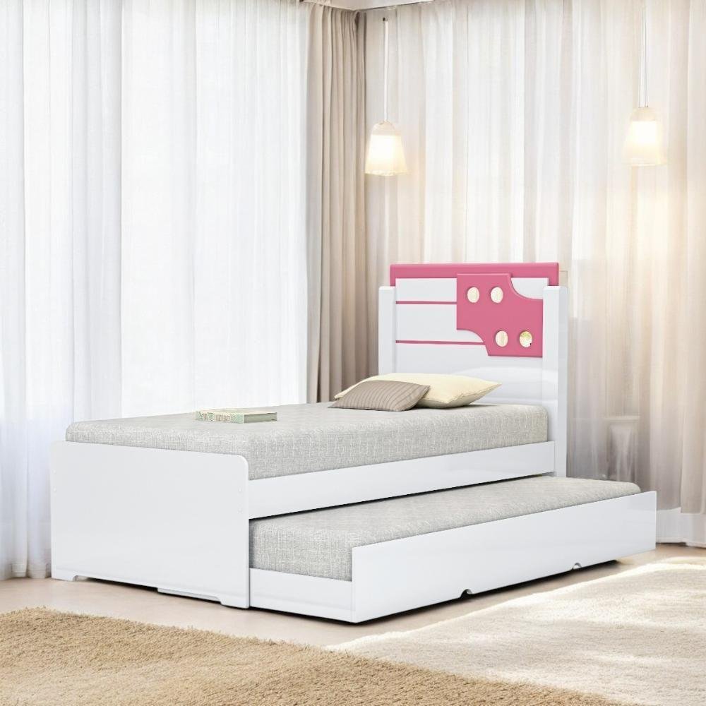 Cama Bibox Solteiro Colônia Branca e Rosa com 02 Colchões | MadeiraMadeira