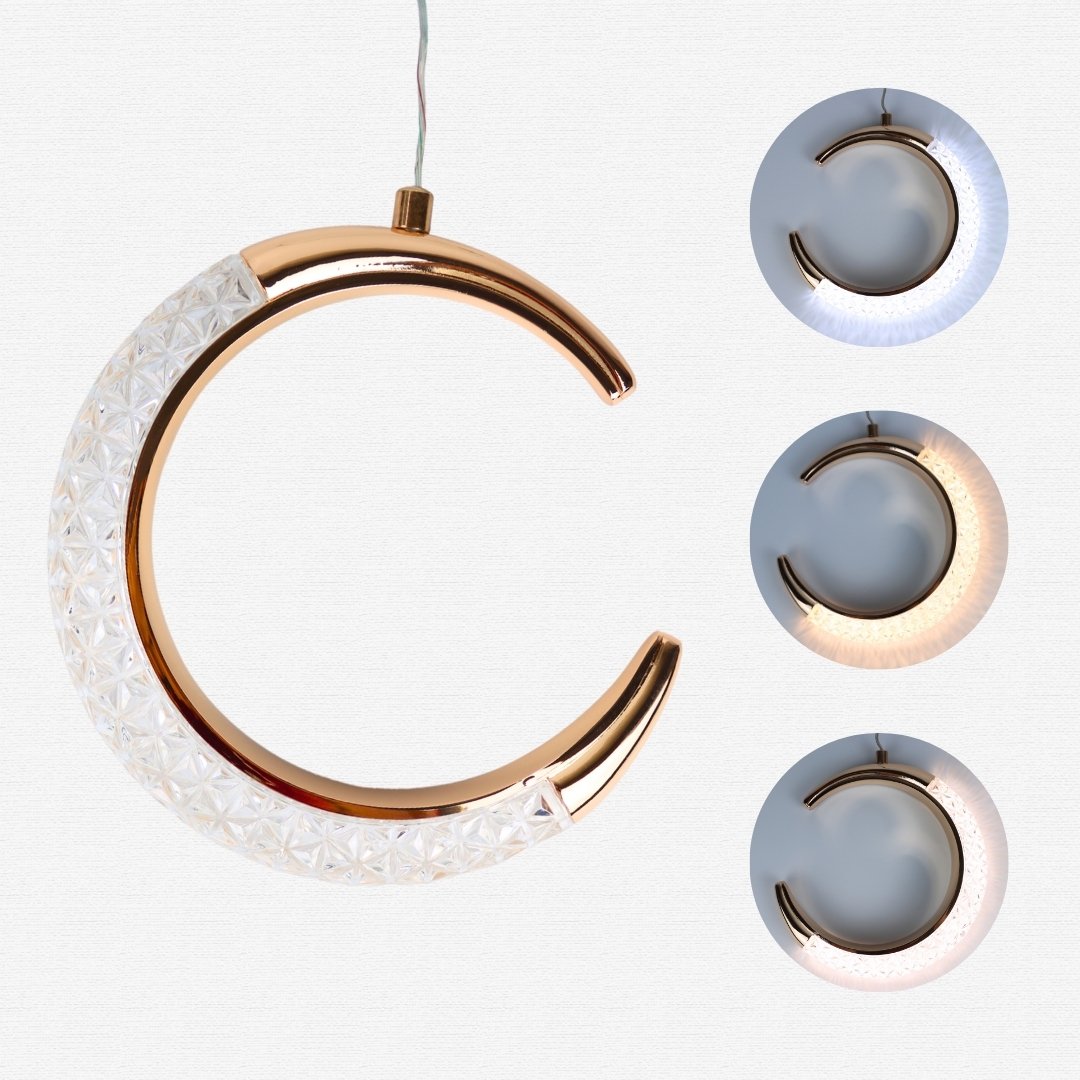 Pendente Led Lua Crescente 3k 4k 6k Cristal Dourado Bivolt | MadeiraMadeira