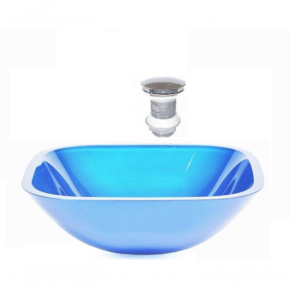Cuba de Vidro Quadrada 35cm Azul + Valvula Click | MadeiraMadeira