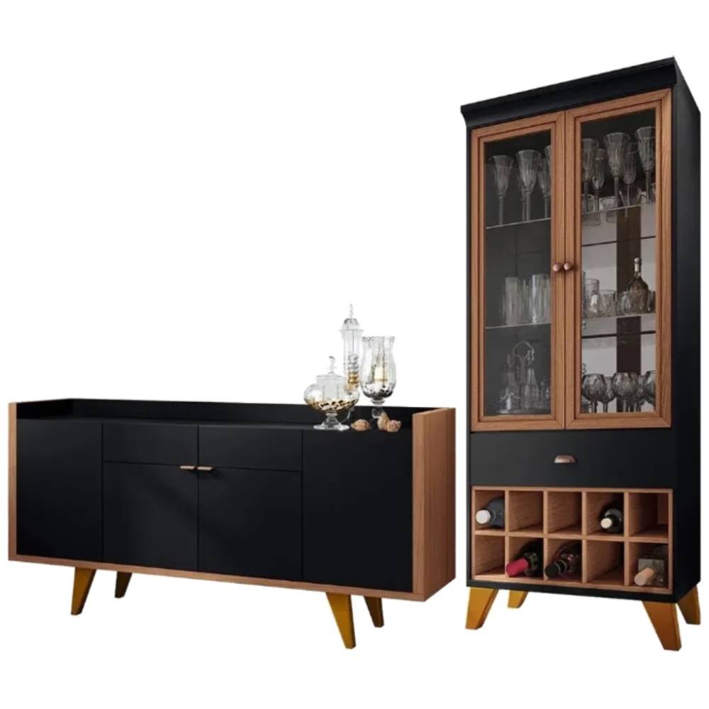 Kit Cristaleira e Buffet Aparador Laura Nature Preto | MadeiraMadeira