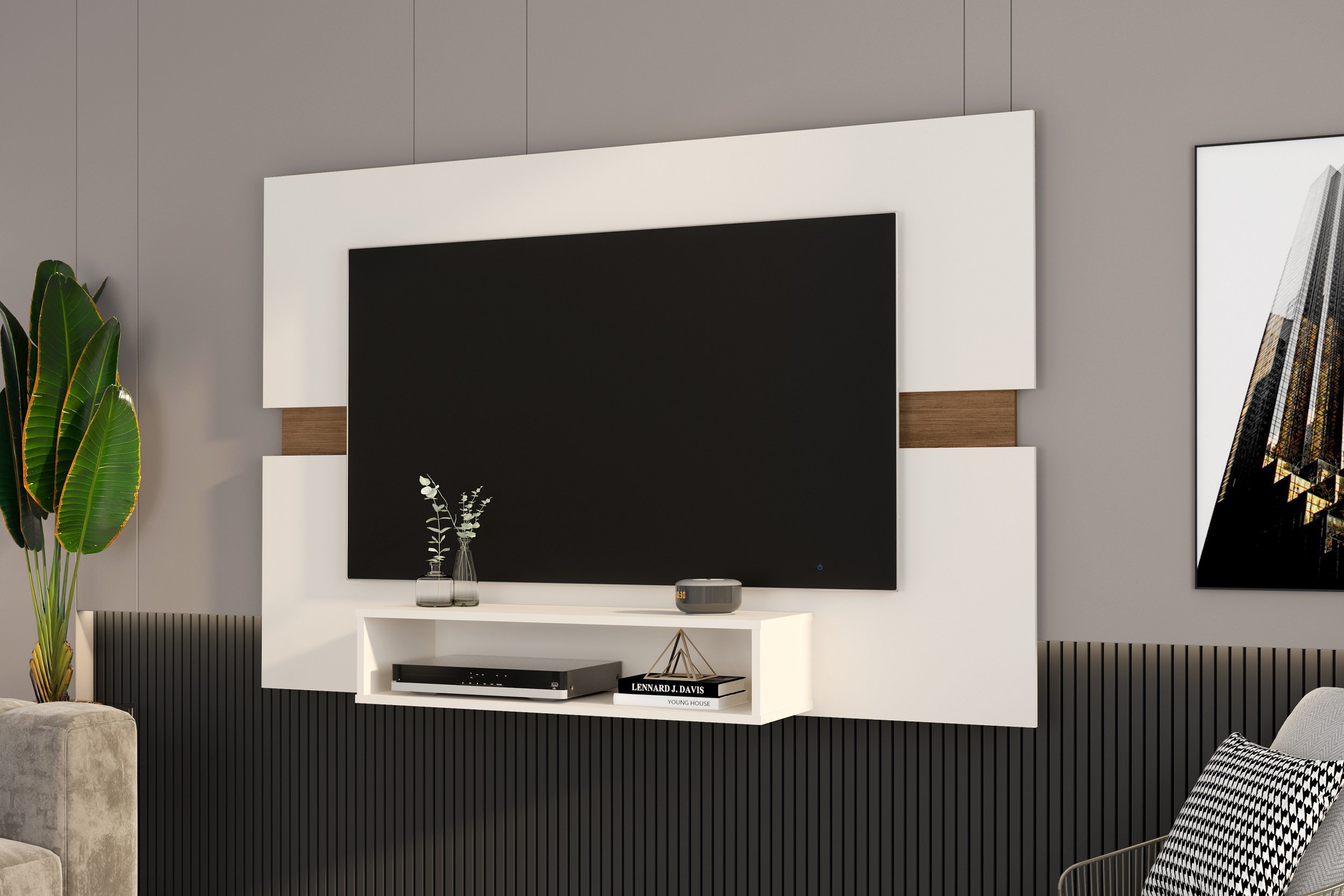 Painel Suspenso Para TV Até 50" Eccos - Off White / Freijó | MadeiraMadeira