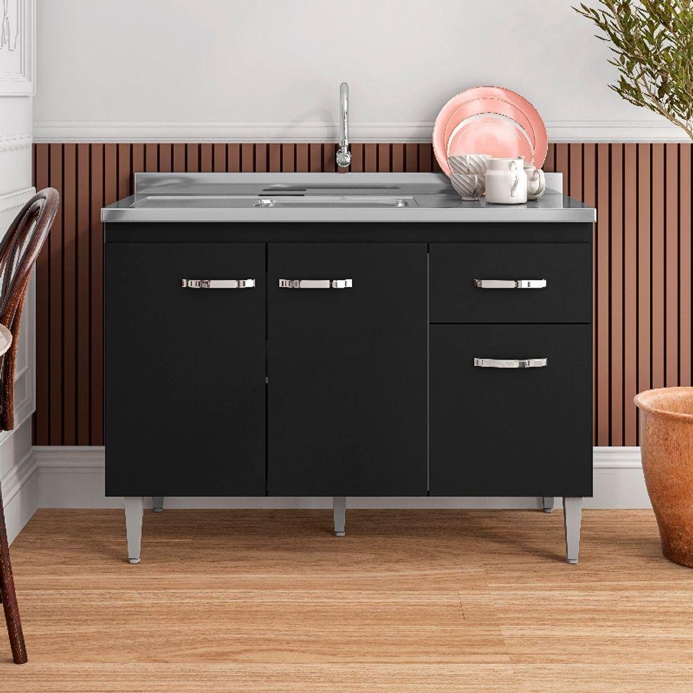 Balcão para Cozinha 120cm Gabriela 3 Portas 1 Gaveta sem Tampo Preto - Ajl | MadeiraMadeira