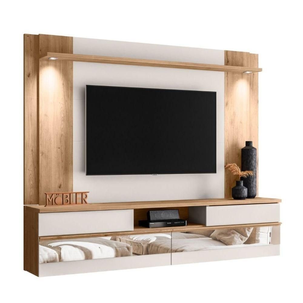 Painel Tv 75 Polegadas Olimpia 200 Cm Espelho Luminária Led Carvalho Teca/off White Ártico ...