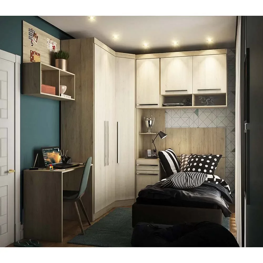 Conjunto Guarda Roupa de Canto Solteiro 7 Portas 1 Gaveta com Cabeceira ...