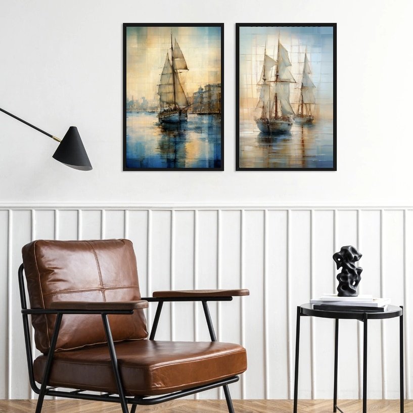 Kit 2 Quadros Arte Marinha - Barcos 33x24cm - com Vidro:moldura Branca ...
