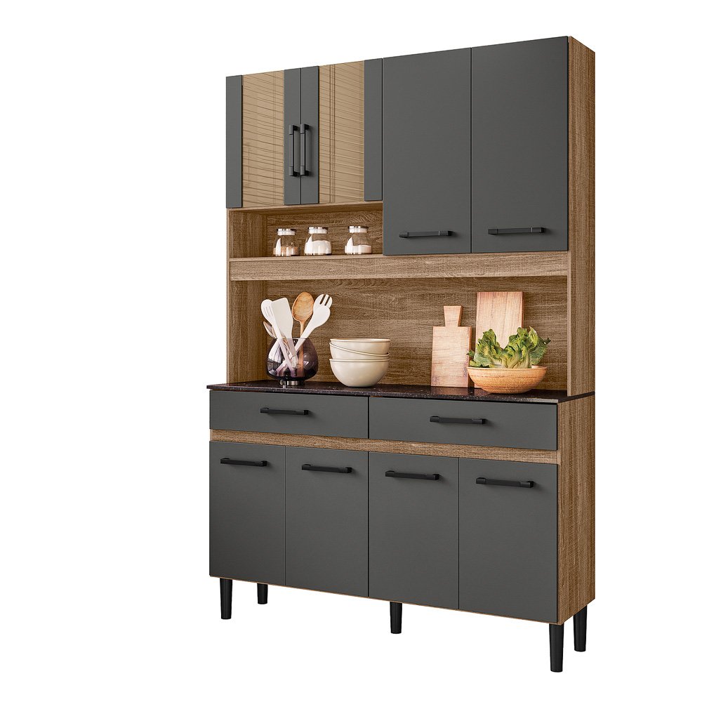 Kit Cozinha Nicoli com Porta de Vidro Carvalho/Chumbo | MadeiraMadeira