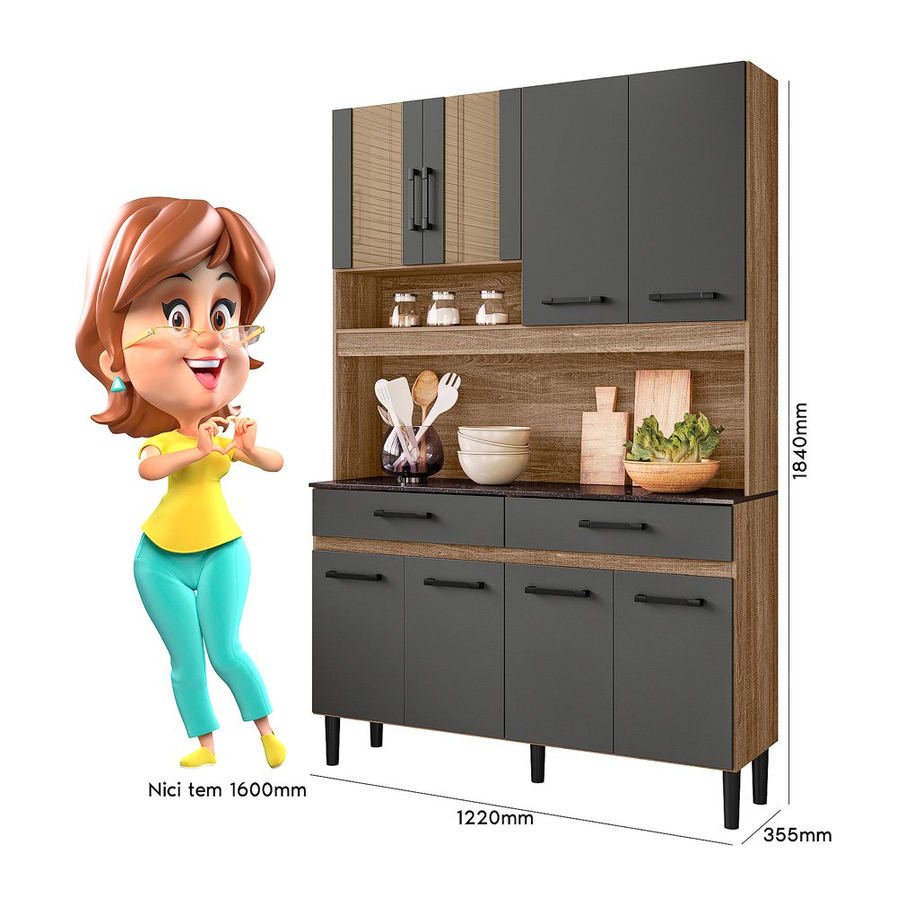 Kit Cozinha Nicoli com Porta de Vidro Carvalho/Chumbo | MadeiraMadeira