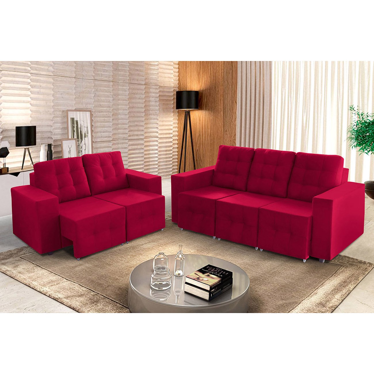 Sofá Veneza 5 Lugares, Conjunto 3e2 - Retrátil - de Casa Décor e Estofados. Cor:vermelho ...