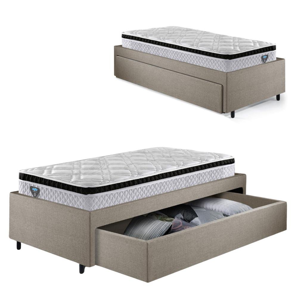 Cama Box Solteiro com Gaveta 88x188 cm Revestida em Linho Bege com ...