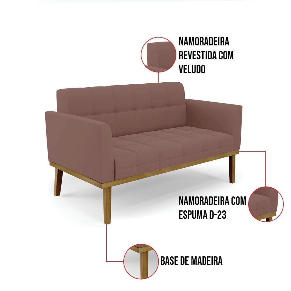 Sofá Namoradeira 2 Lugares de Madeira Castanho Elisa Veludo Rosê D03 ...