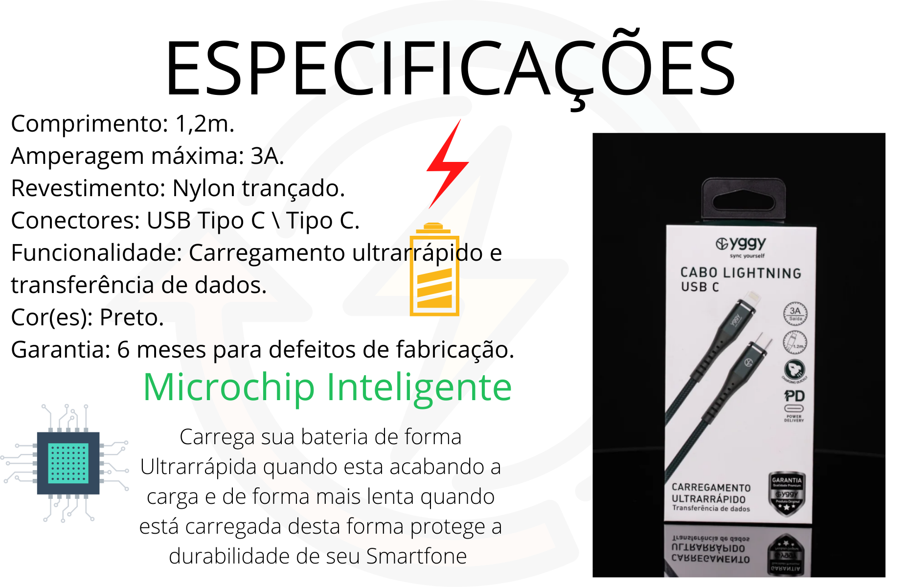 Cabo Carregador Turbo YGGY Usb Tipo C x Lightning Preto 3A 1,2m ...