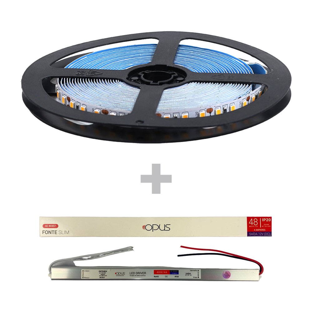 Fita Led Profissional Delis 12v 9,6w/m IP20 5m 120LEDS/m 3000K + Fonte 48w Opus | MadeiraMadeira