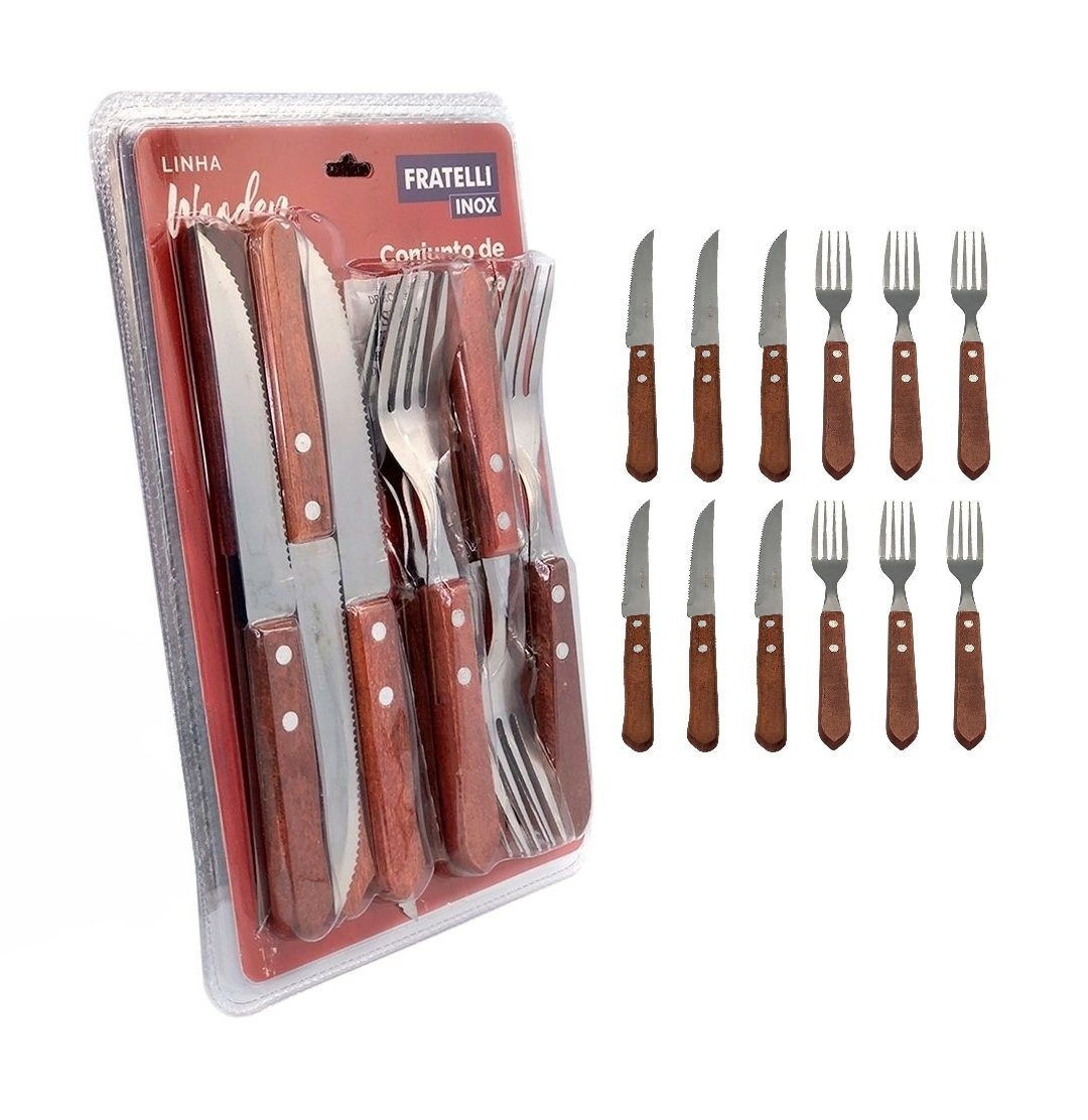Conjunto Garfo e Faca Inox Cabo em Madeira 12 Peças | MadeiraMadeira