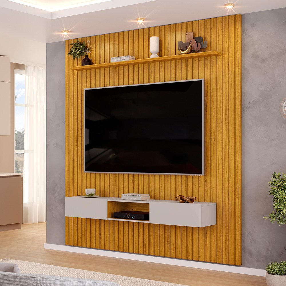 Painel para Tv até 75 Polegadas com Bancada Suspensa 02 Portas Trento 2.2 Cedro Ripado Bali Dj ...