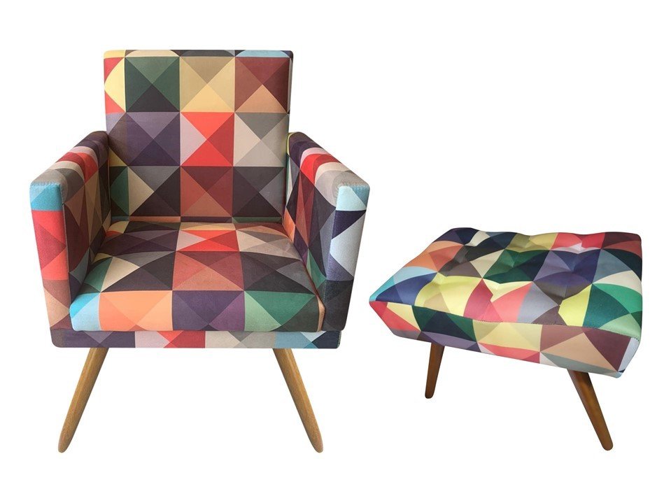 Kit Poltrona Decorativa Bia + Puff Retangular Suede Triângulo Pés Madeira Ms Decor | MadeiraMadeira